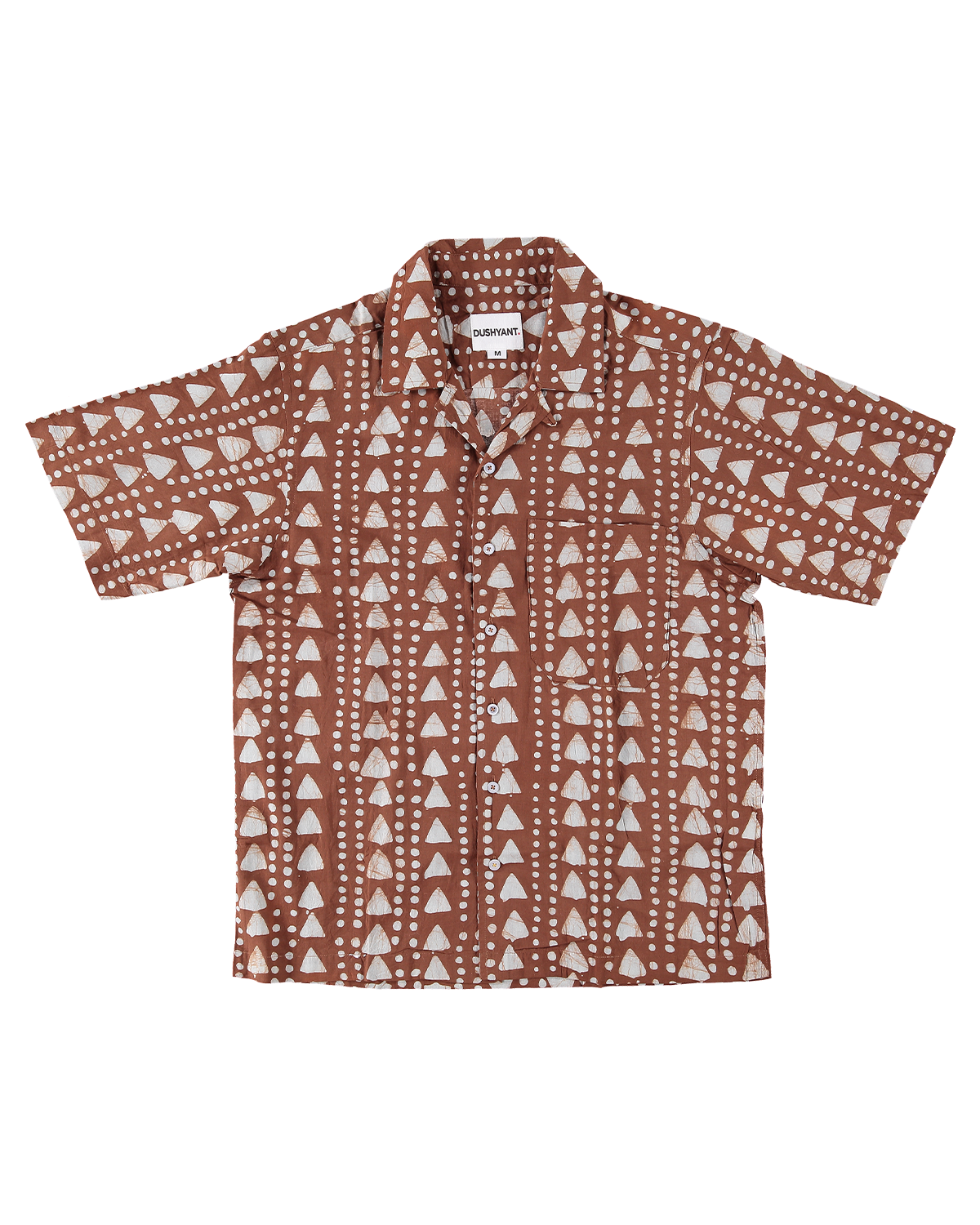 Hand Block Printed 'The Don' Camp Collar Shirt in Khaki Triangles Art